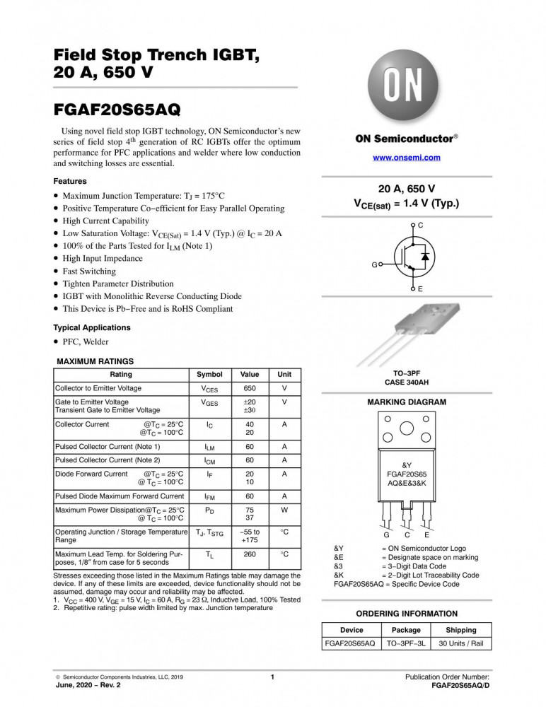 FGAF20S65AQ datasheet page 1