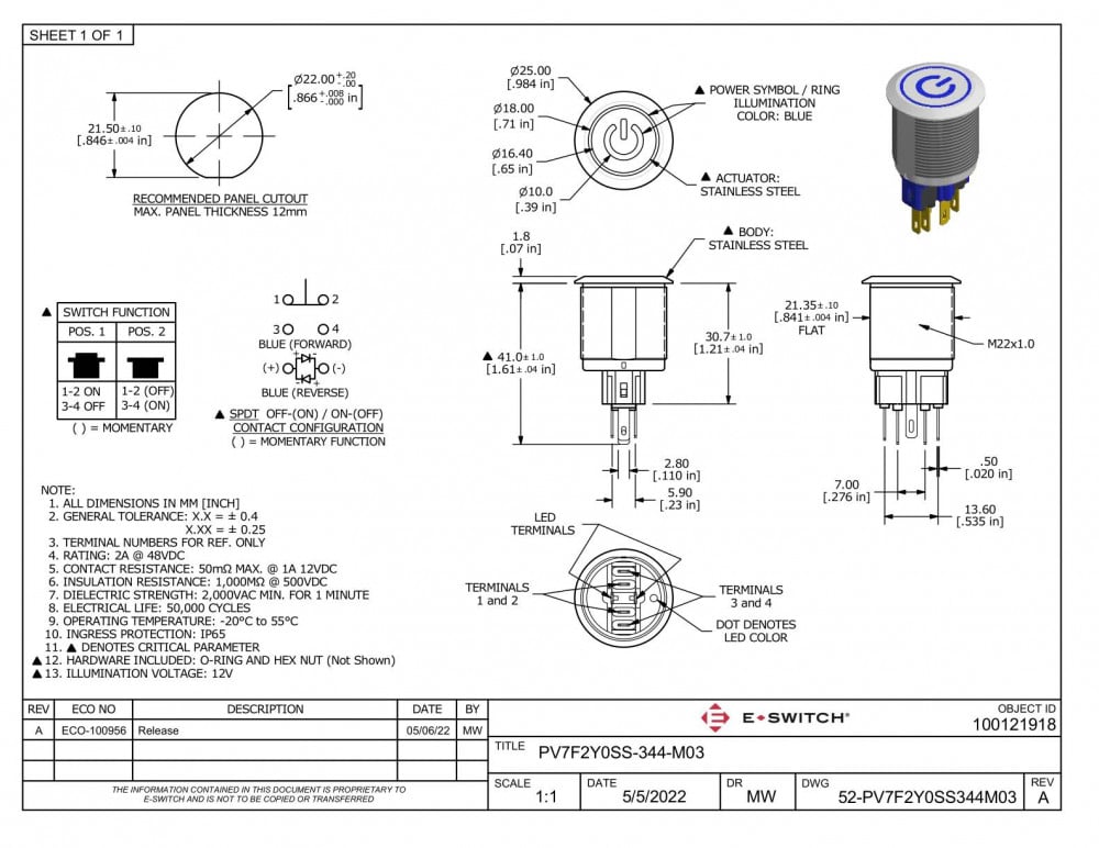 E-Switch PV7F2Y0SS-344-M03 technical drawing