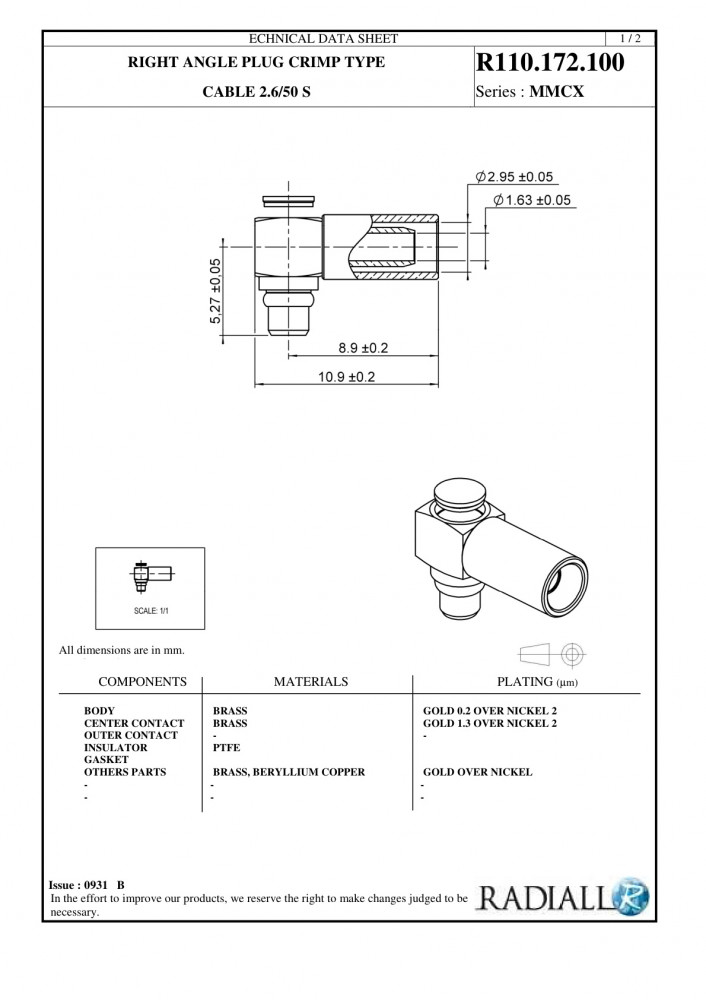 Radiall R110172100 MMCX right-angle crimp plug datasheet page 1