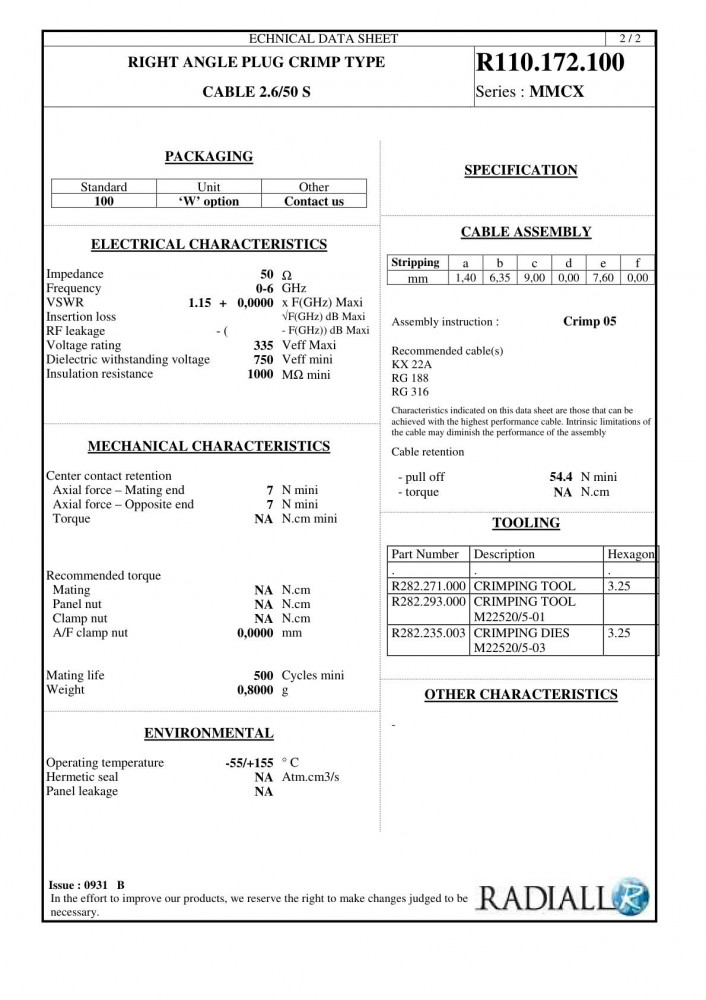 Radiall R110172100 MMCX right-angle crimp plug datasheet page 2
