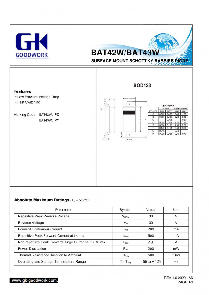 BAT42W datasheet page 1
