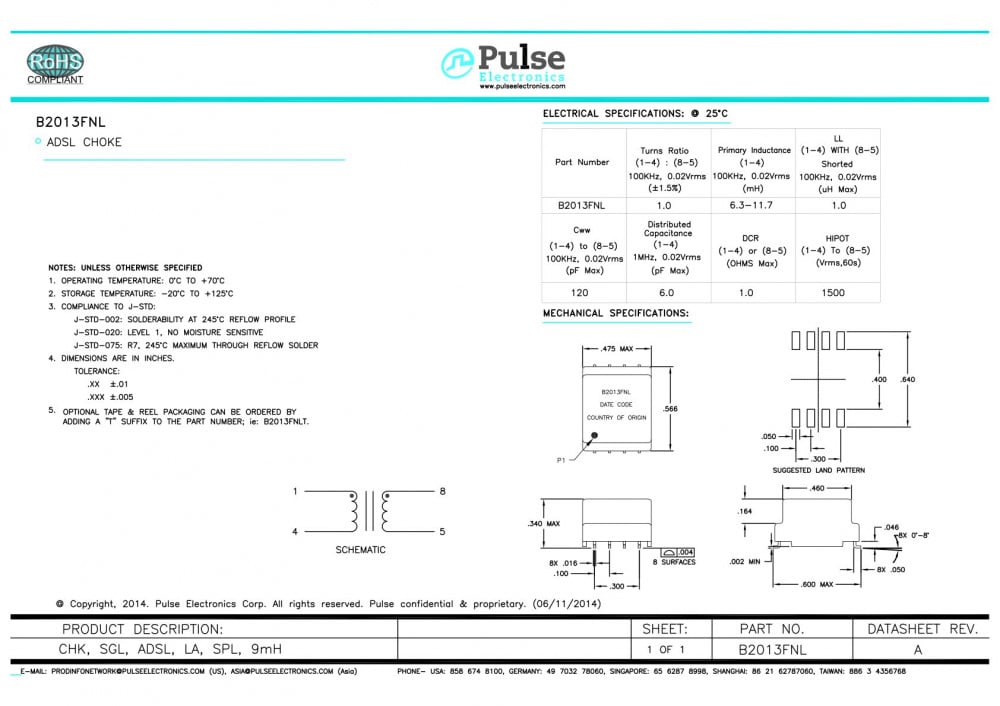 PULSE B2013FNLT technical datasheet page