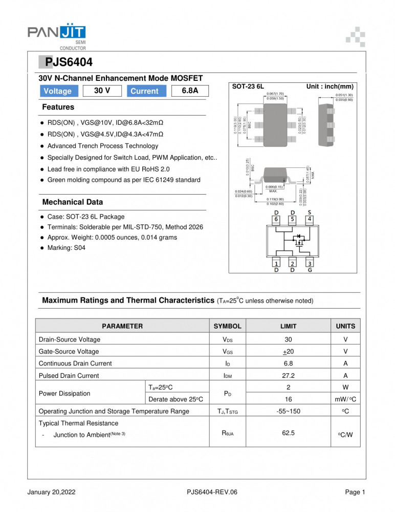 PJS6404 datasheet page 1