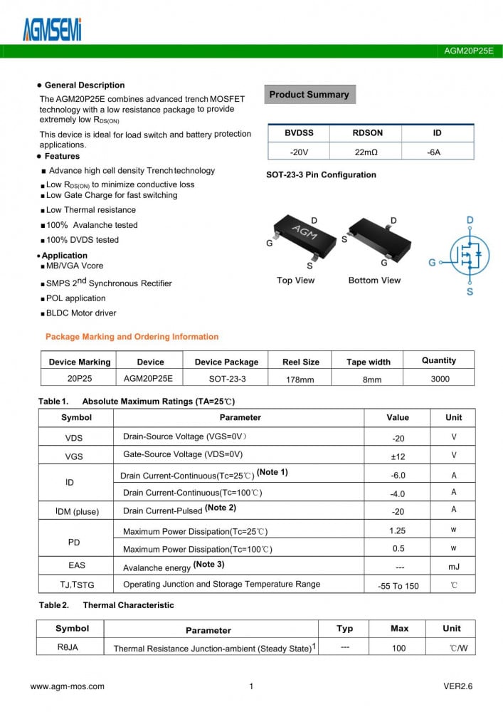AGM20P25E datasheet page 1
