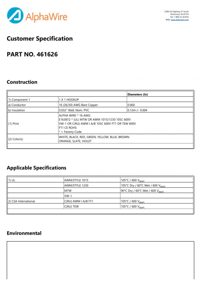 Alpha Wire 461626 specification page 1