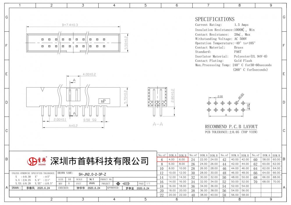 SHOU HAN SH-JN2.0-2-3P-Z technical drawing