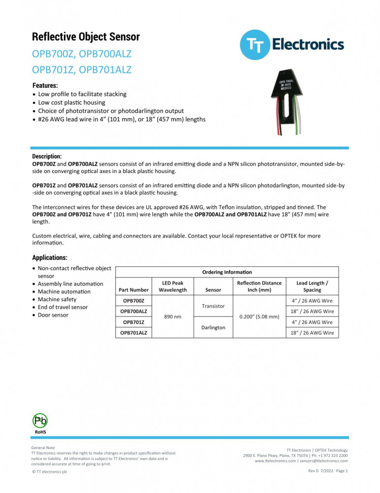 OPB700ALZ datasheet page 1