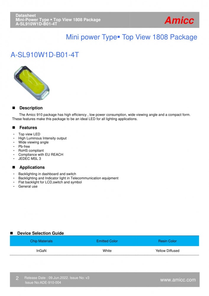 A-SL910W1D-B01-4T datasheet page 2