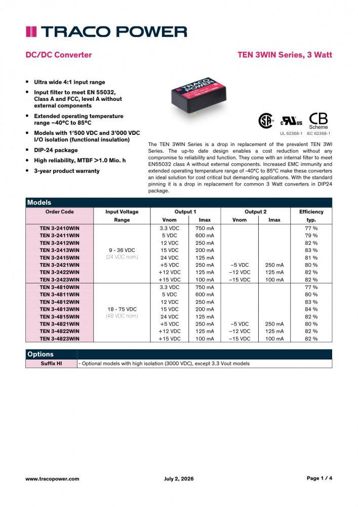 TEN 3WIN datasheet page 1