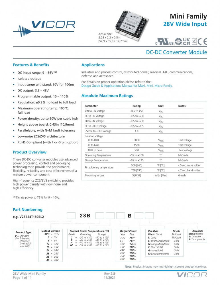 VICOR V28B5C75BN technical document page 1