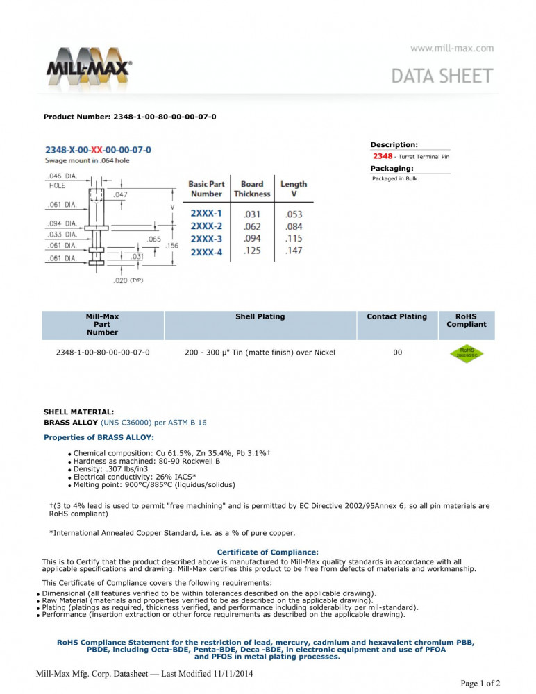 Mill-Max 2348 series technical drawing page 1