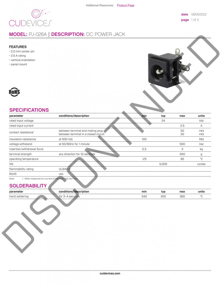 PJ-026A datasheet page 1