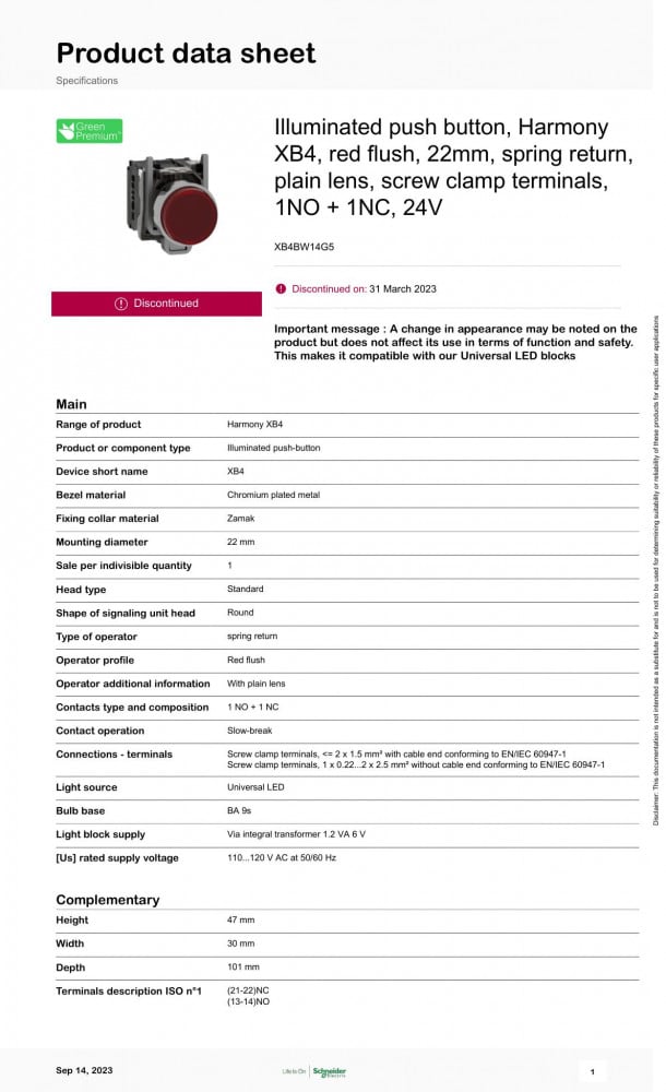 XB4BW14G5 technical document page 1
