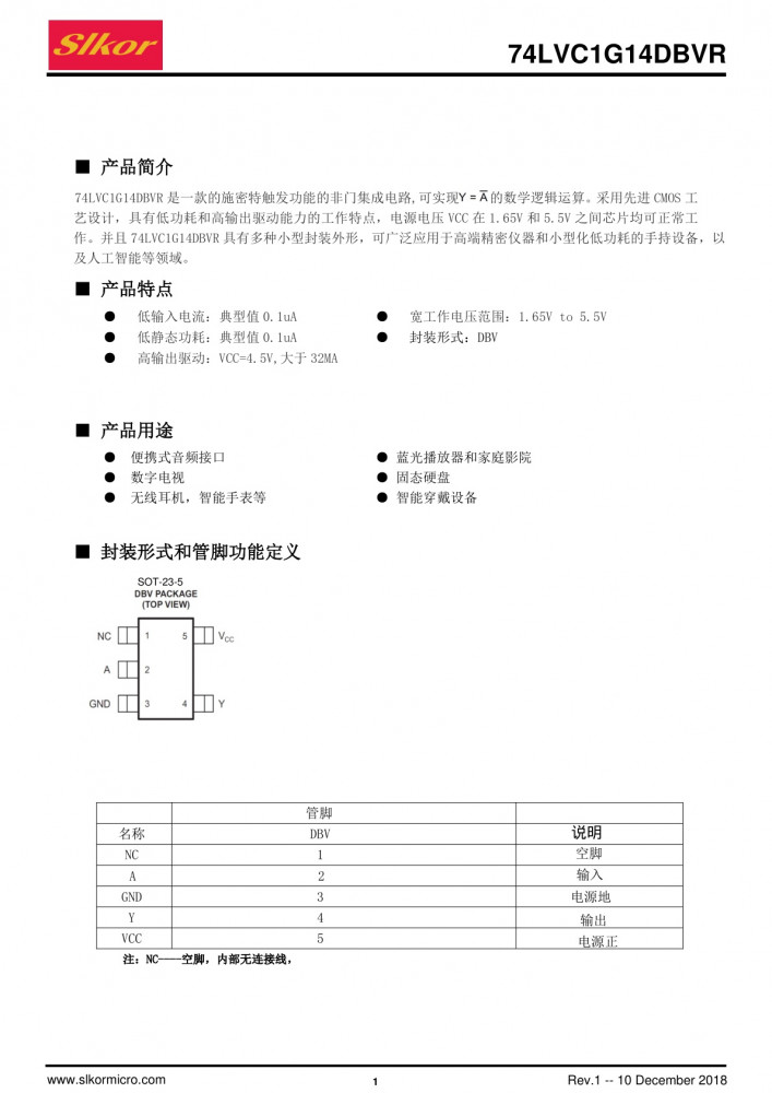 74LVC1G14DBVR datasheet page 1