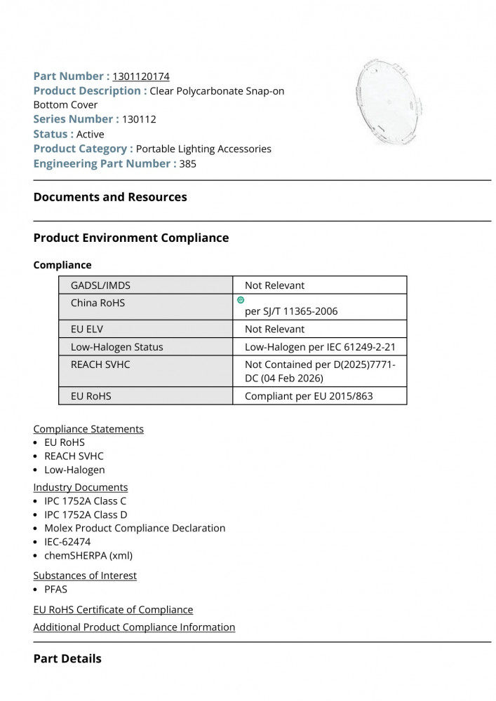 MOLEX 1301120174 product document image, page 1