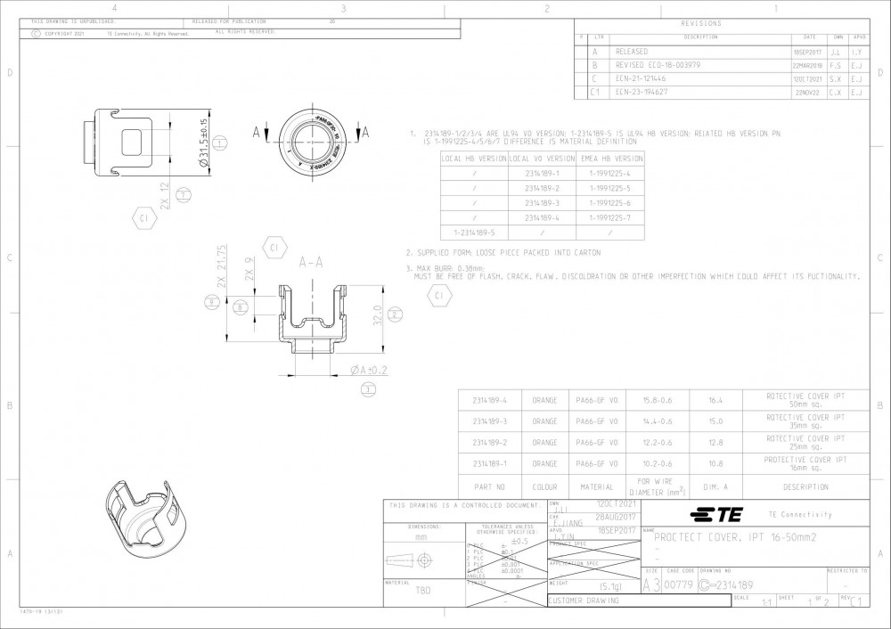TE Connectivity 2314189-3 controlled drawing page 1