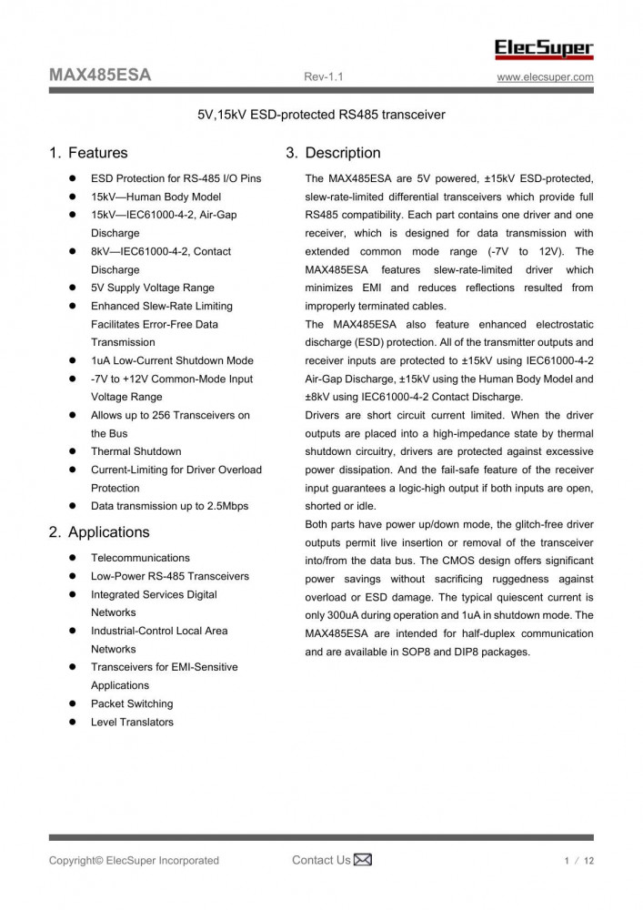 MAX485ESA datasheet page 1