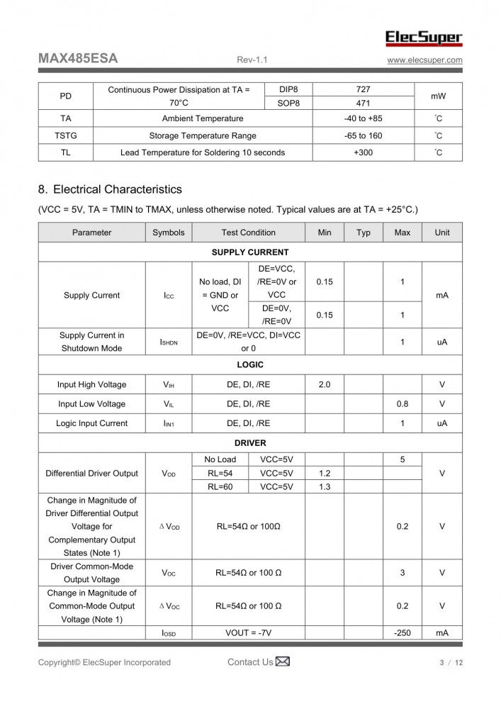 MAX485ESA datasheet page 3