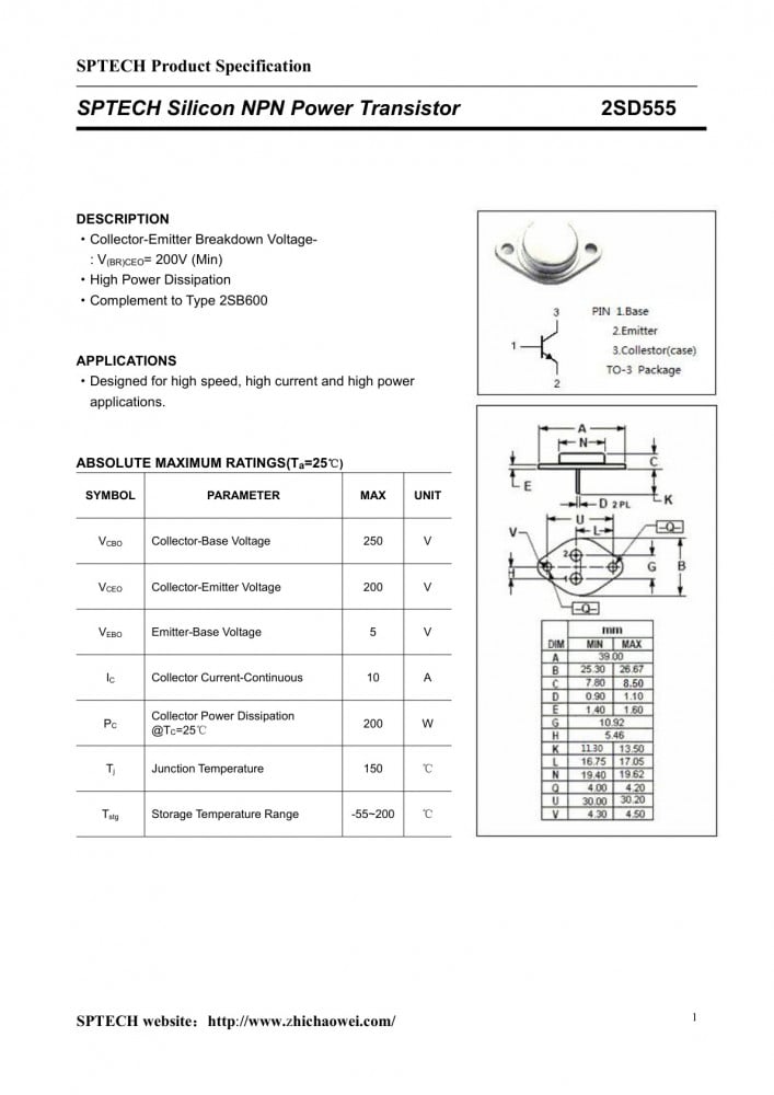 SPTECH 2SD555 datasheet page 1