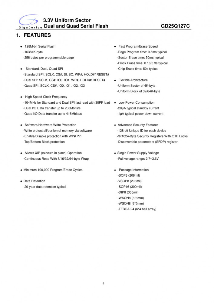GD25Q127C datasheet page 4