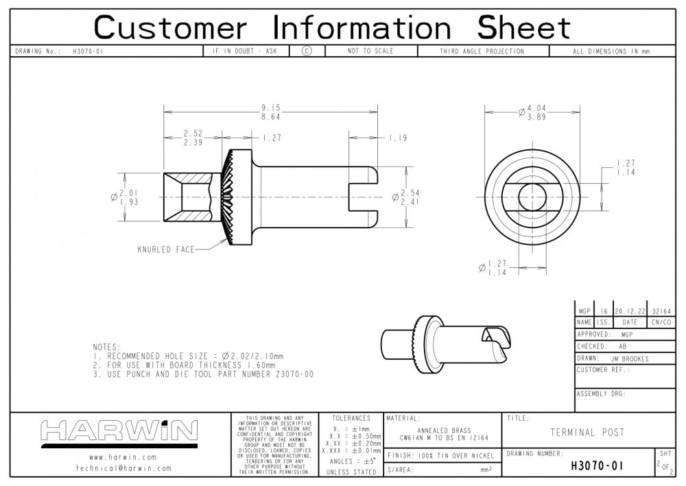 Harwin H3070-01 terminal post technical drawing