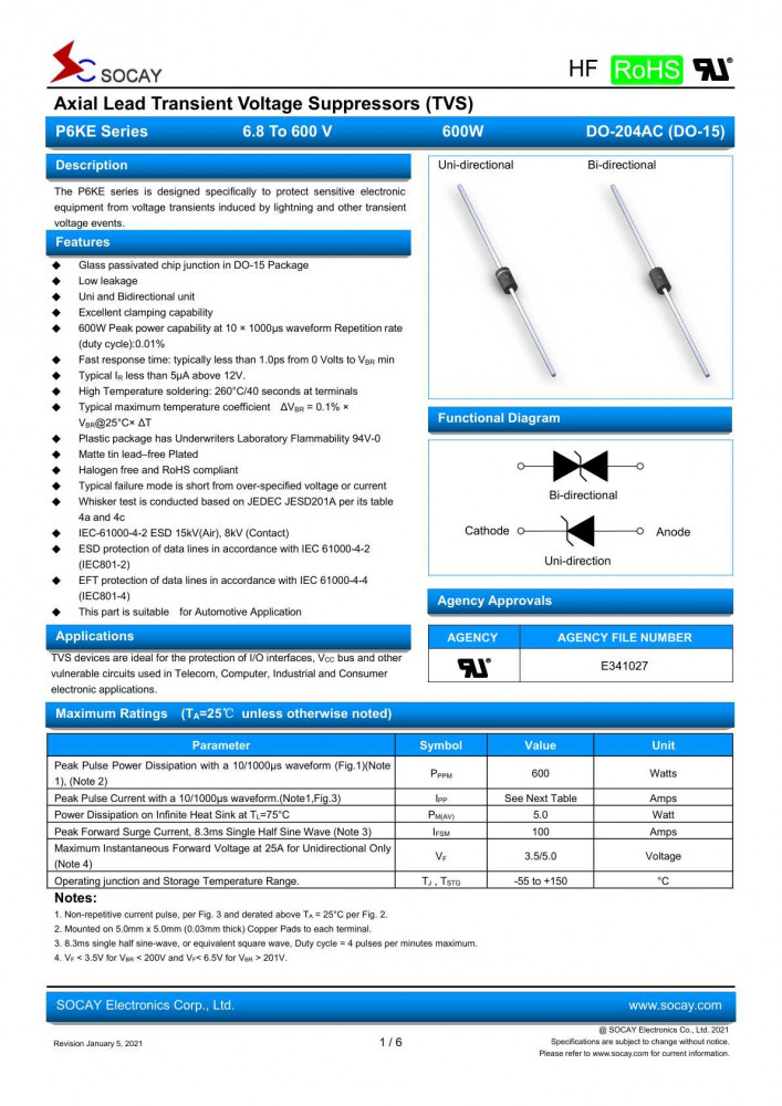 SOCAY P6KE series datasheet preview, page 1