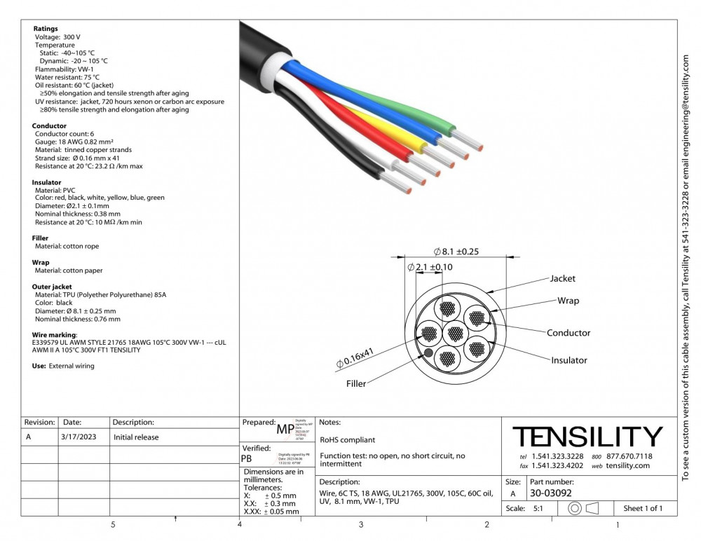 Technical drawing for Tensility International cable part 30-03092