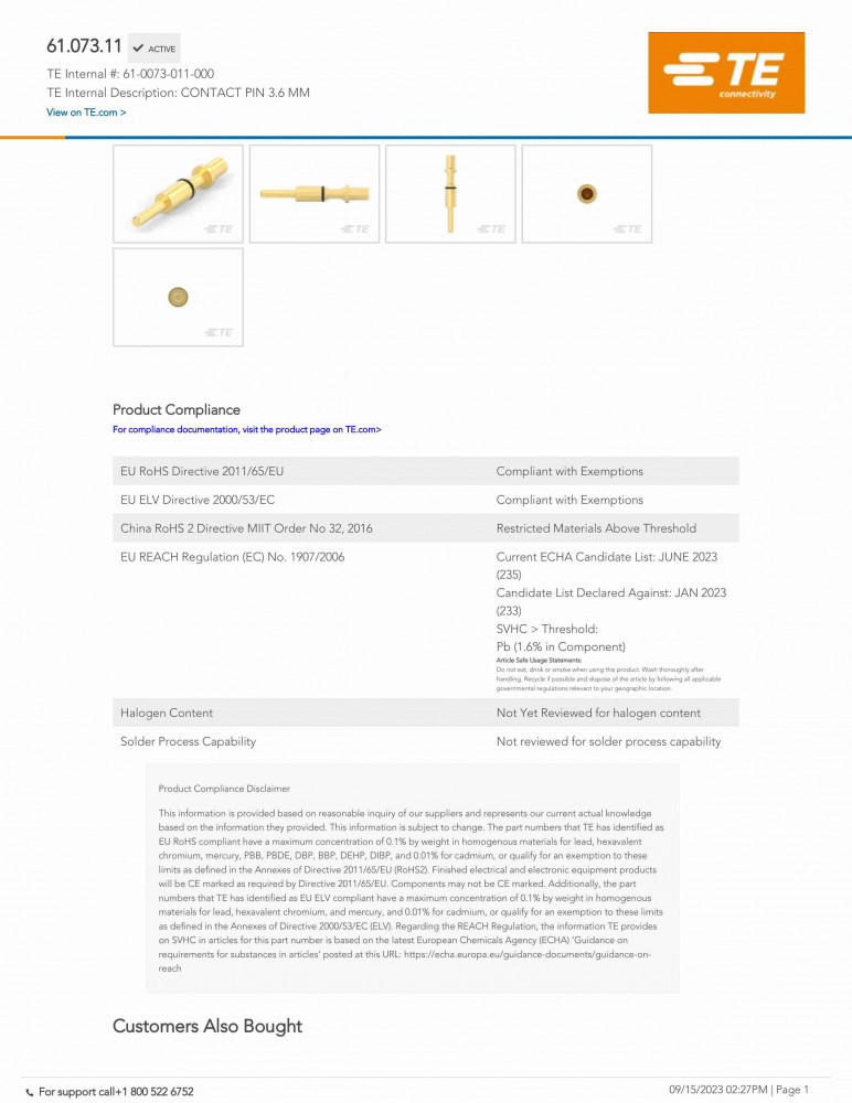 TE Connectivity 61.073.11 technical document page 1