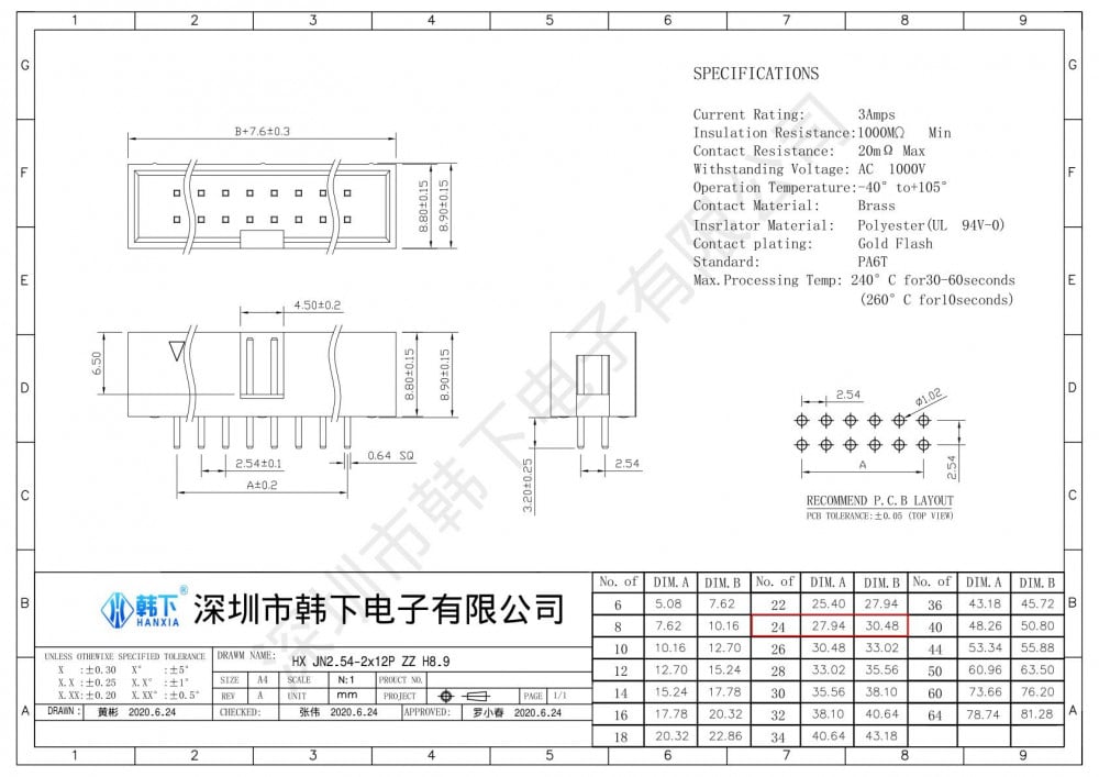 HX JN2.54-2x12P ZZ H8.9 technical drawing preview