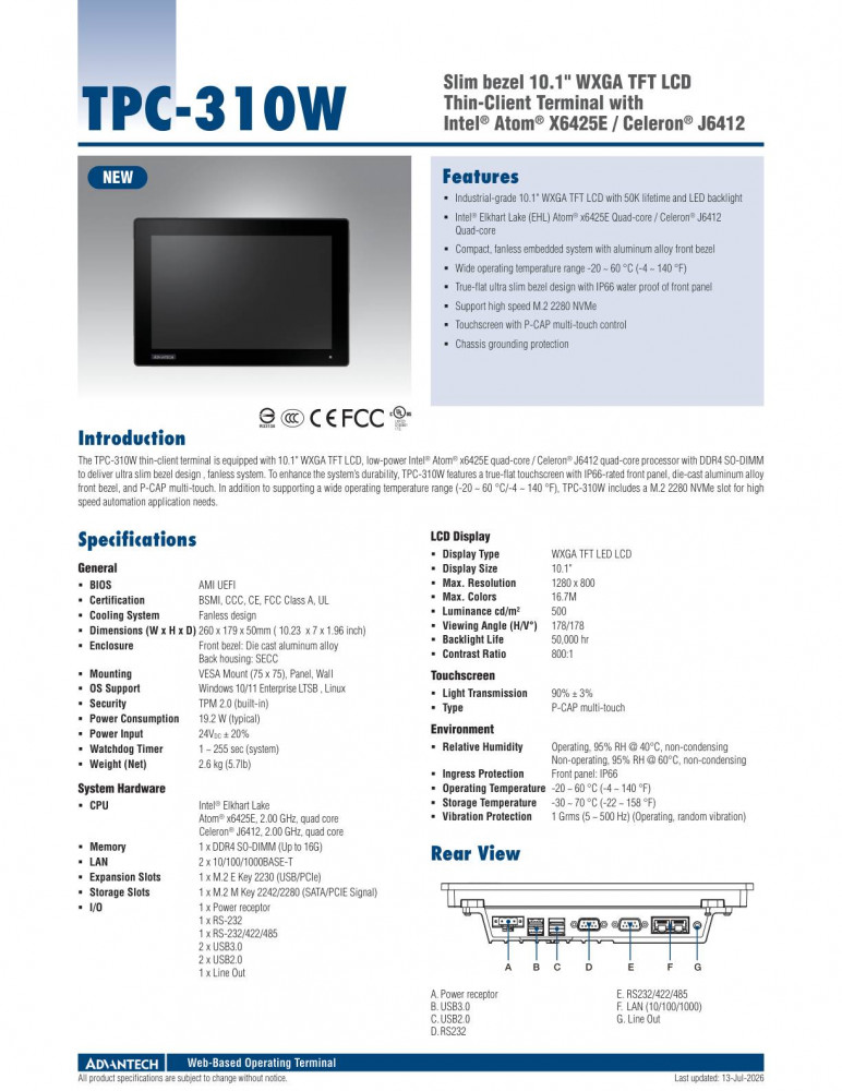 TPC-310W product document page 1