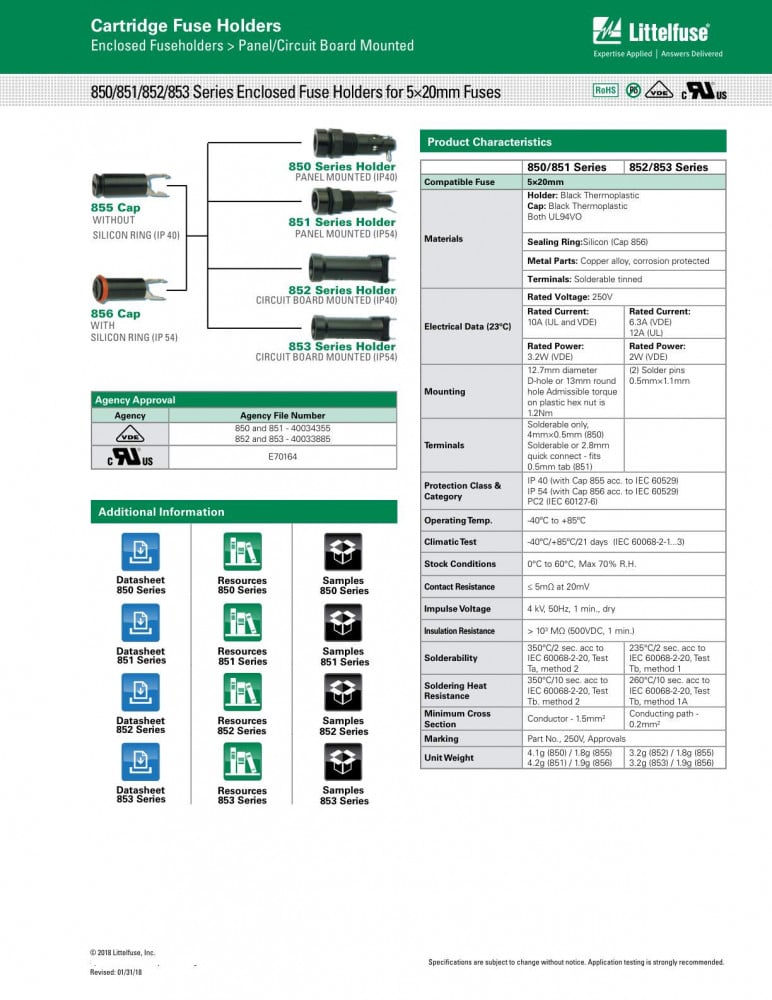 Littelfuse 850 Series fuse holder and Cap 855 technical document page