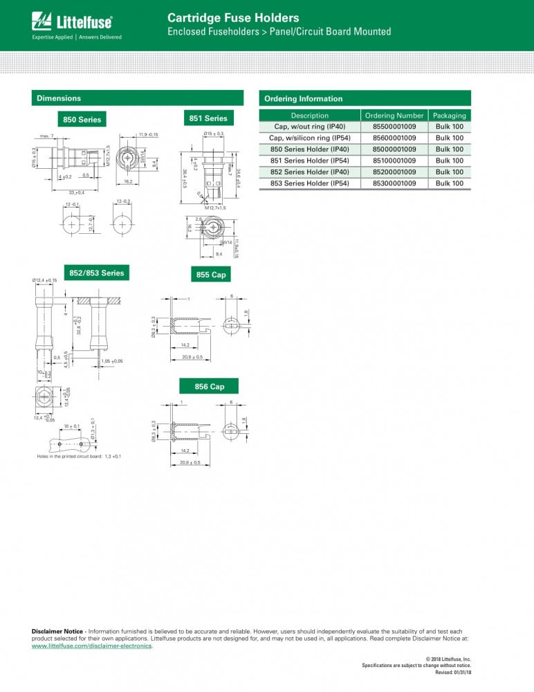 Littelfuse 85500001009 dimensions and ordering information document page