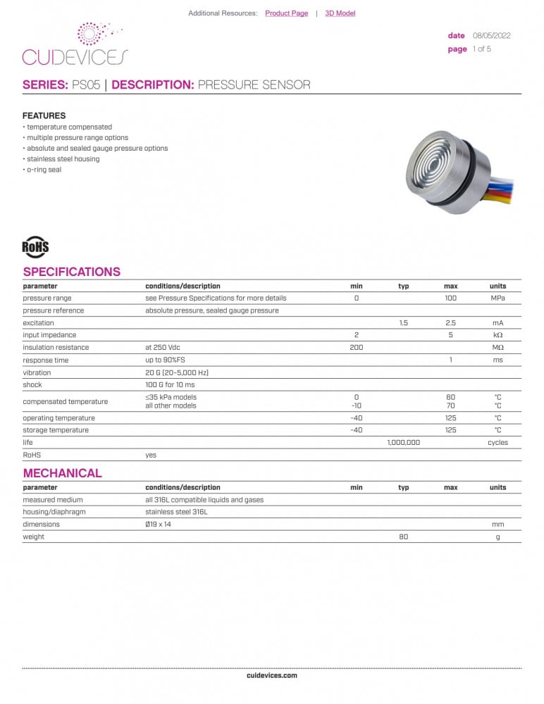 PS05 pressure sensor datasheet page 1