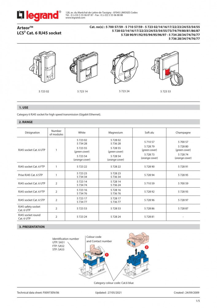 Legrand Arteor LCS² Cat. 6 RJ45 socket technical document, page 1