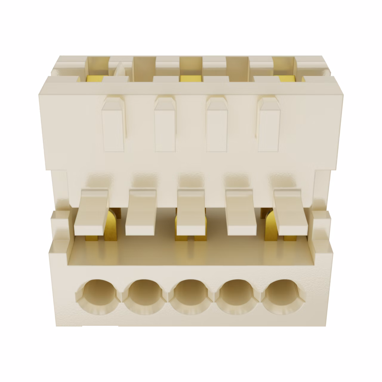 Appli-Mate RAST 2.5 Connector, 2.50mm Pitch, Female, 5 Circuits, Positions A and F Removed, Polarizing Rib Between 1/2, Locking Pips, Open Endwalls, Circuit 2 and 4 Voided, Gold Plating for sale