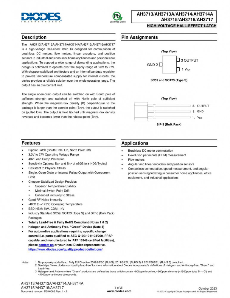 AH3713 datasheet page 1
