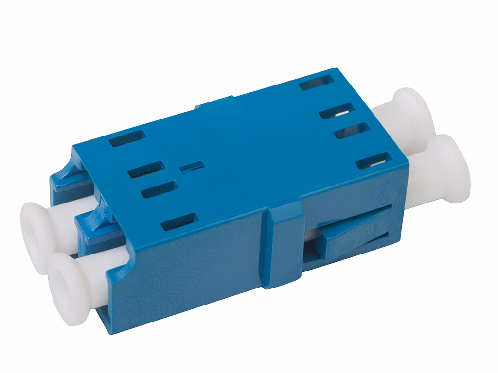 LC/UPC One Body Adapter, Quad, Singlemode, Blue Body, Ceramic Alignment Sleeve, Small Flange, Snap Mount, Plastic Clip