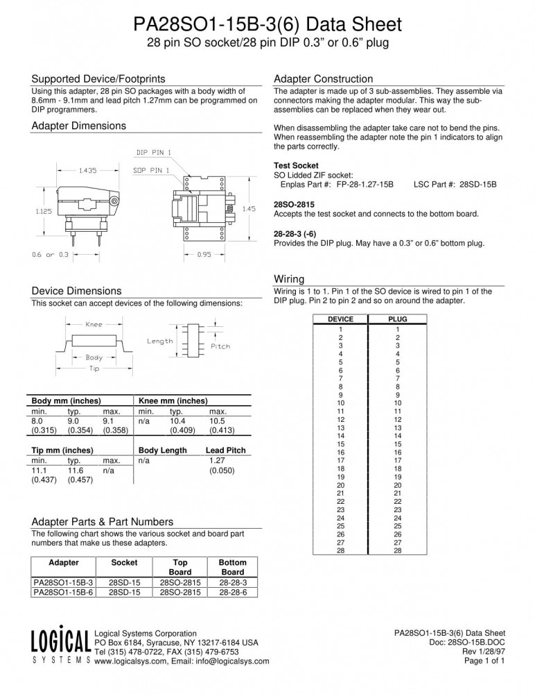 Logical Systems PA28SO1-15B adapter datasheet page