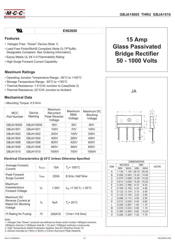 GBJA1510-BP datasheet page 1
