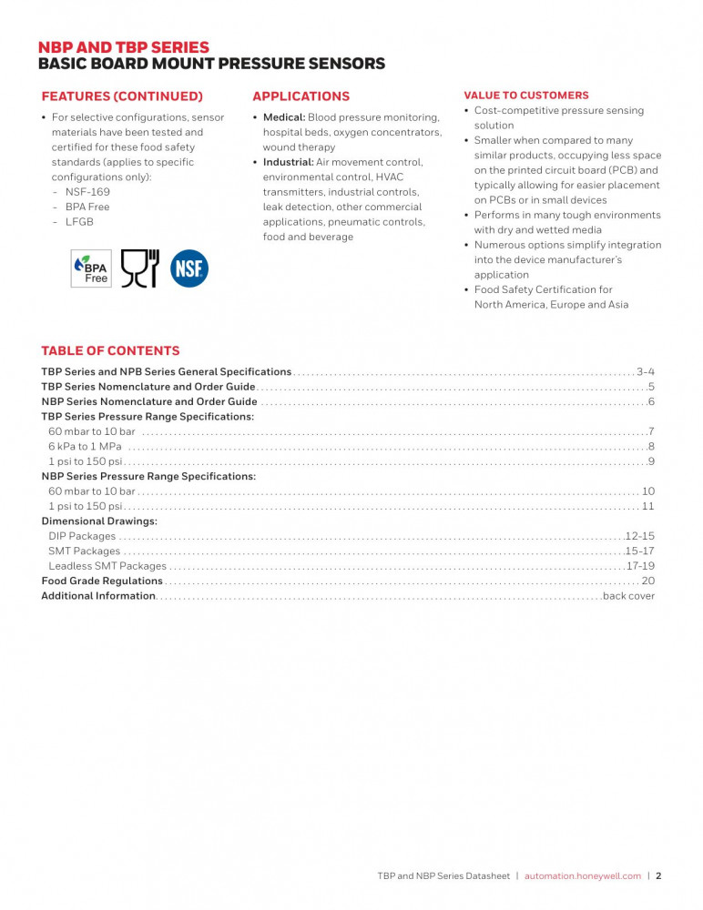 Honeywell NBP and TBP datasheet page 2