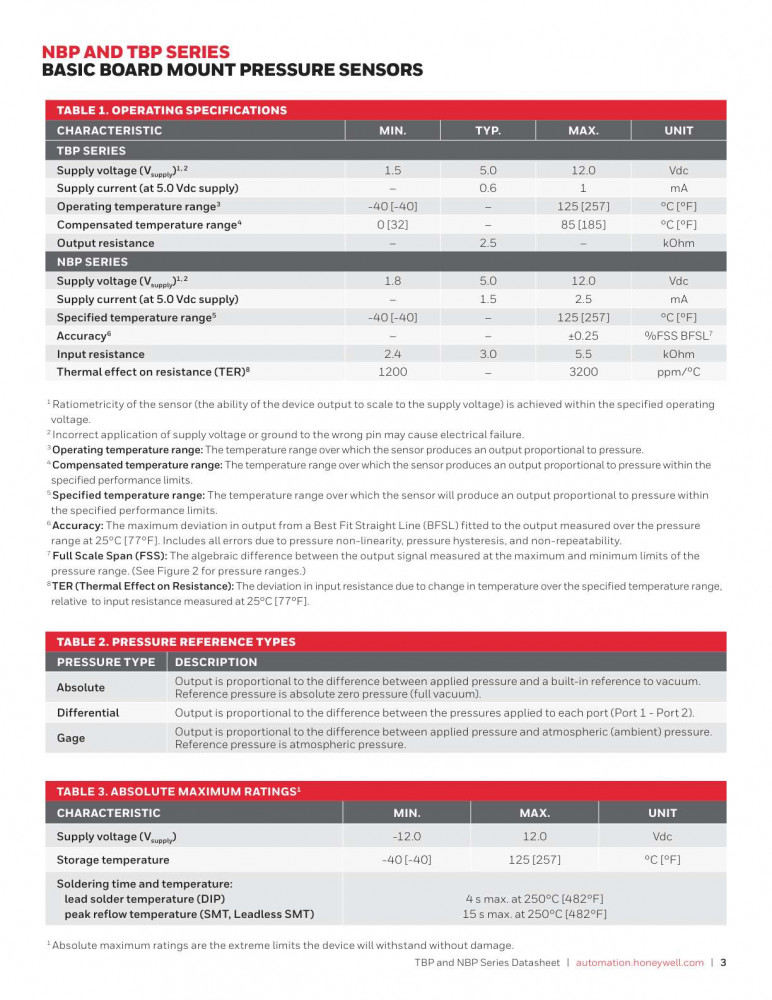 Honeywell NBP and TBP datasheet page 3