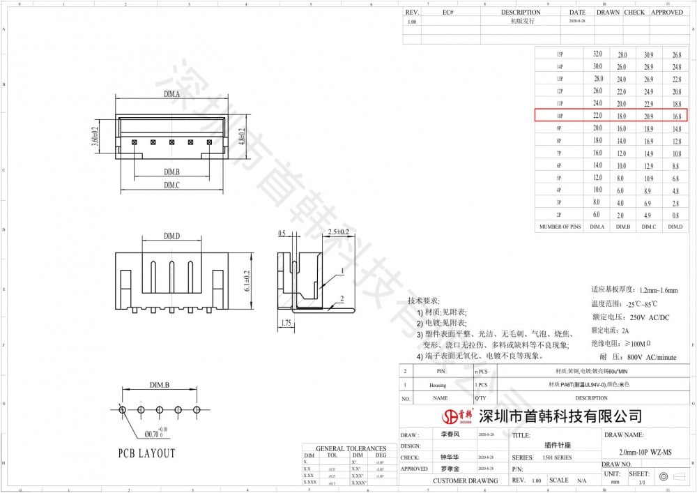 2.0mm-10P WZ-MS technical drawing page 1