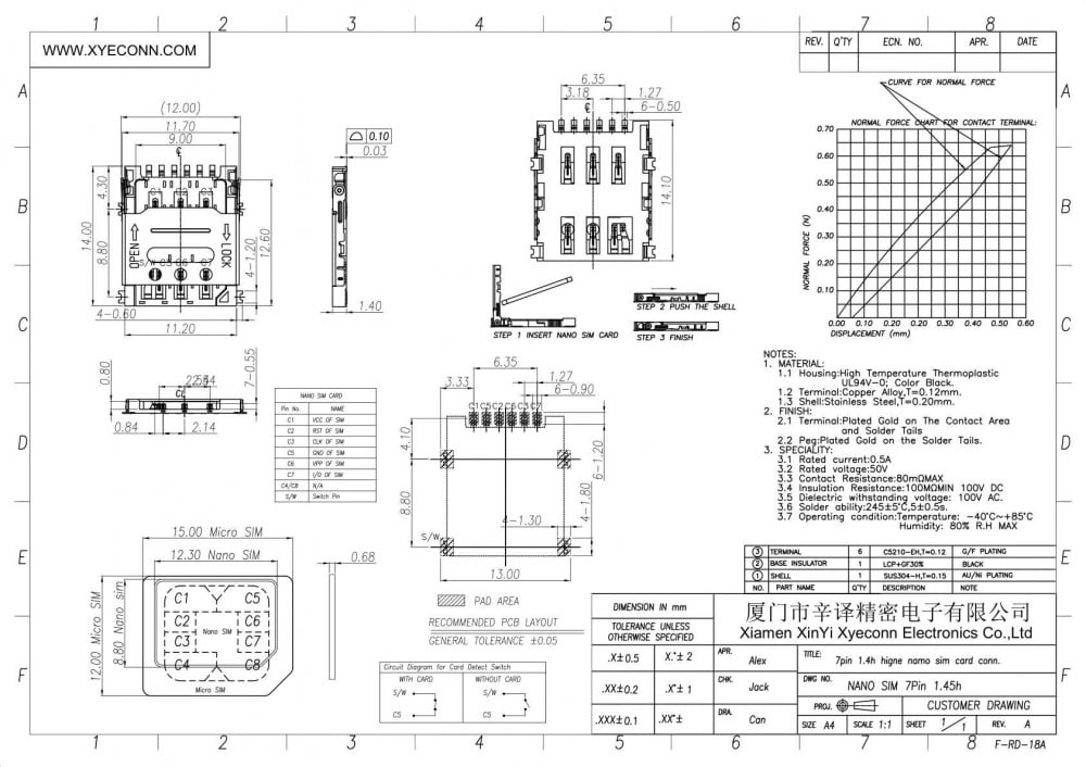 XYECONN NANO SIM 7Pin 1.45h drawing page 1