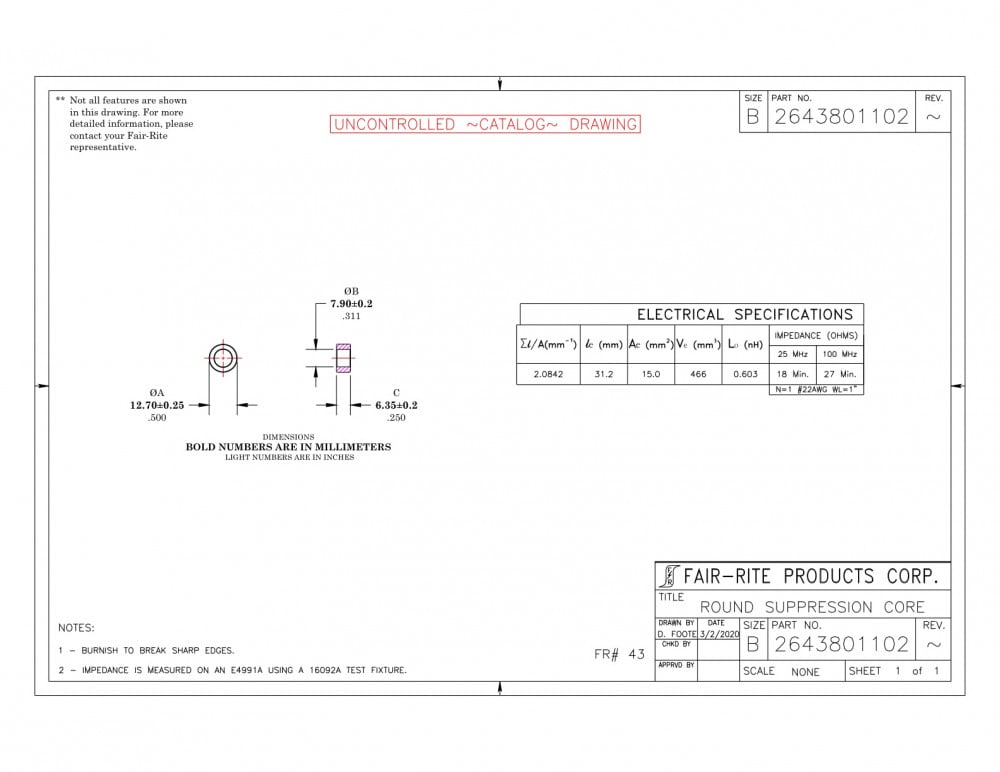 Fair-Rite 2643801102 technical document preview