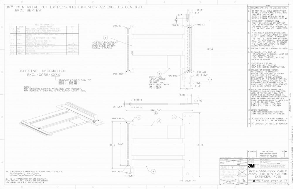3M 8KCJ-0966-0250 technical drawing and bill of materials