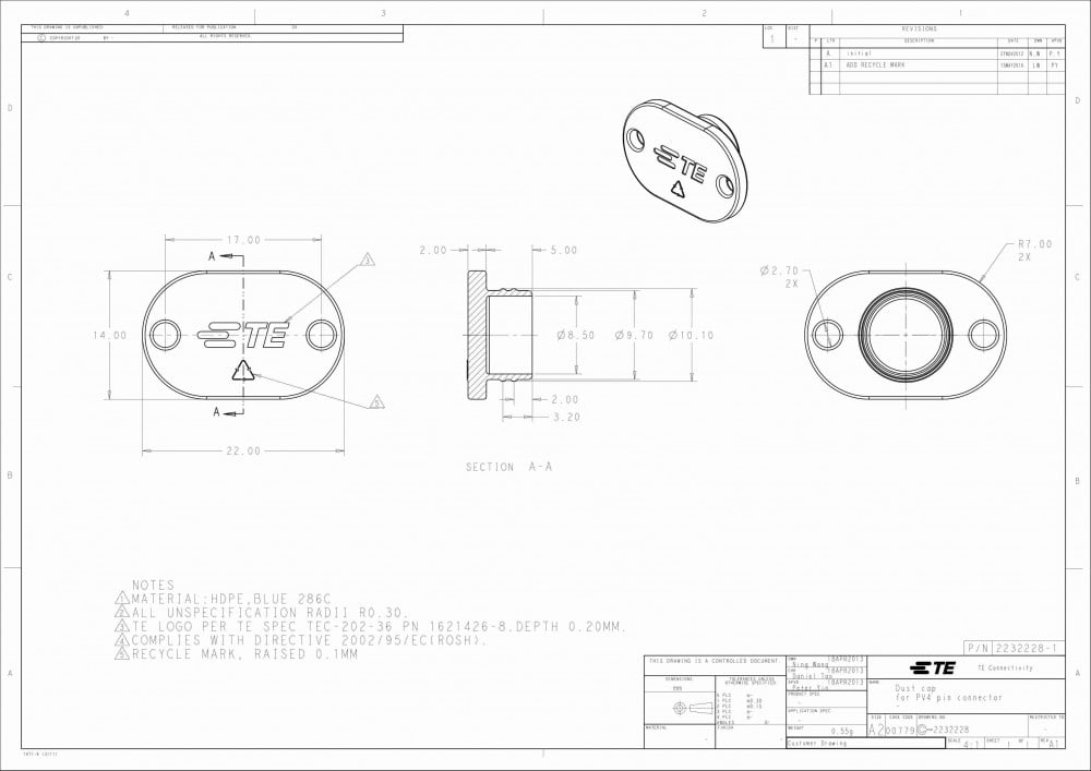 TE Connectivity 2232228-1 controlled drawing preview