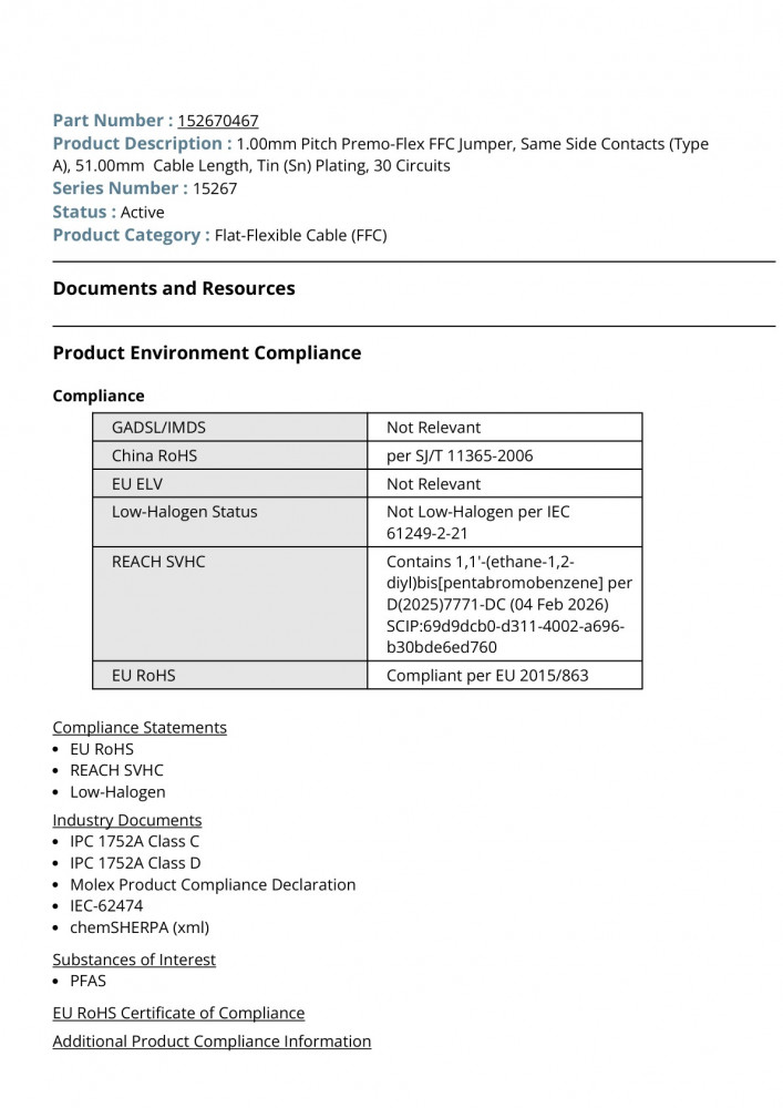 MOLEX 15267 family specification, page 1