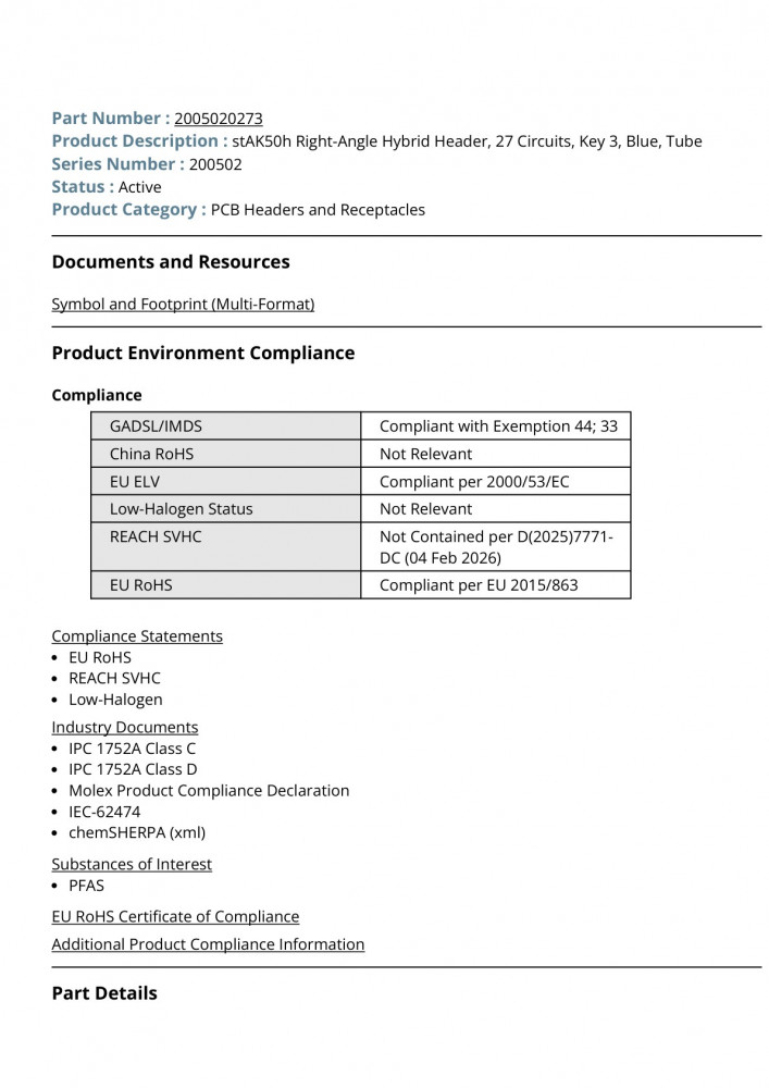Technical document page 1 for MOLEX 2005020273