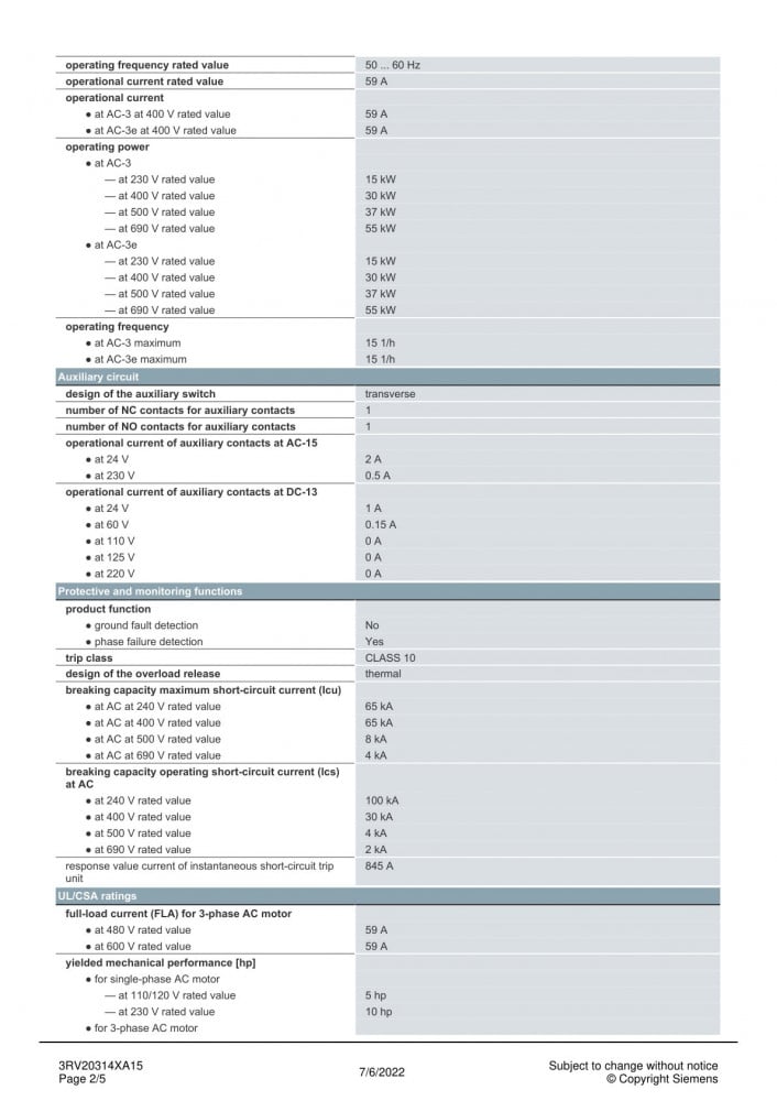 3RV20314XA15 datasheet page 2
