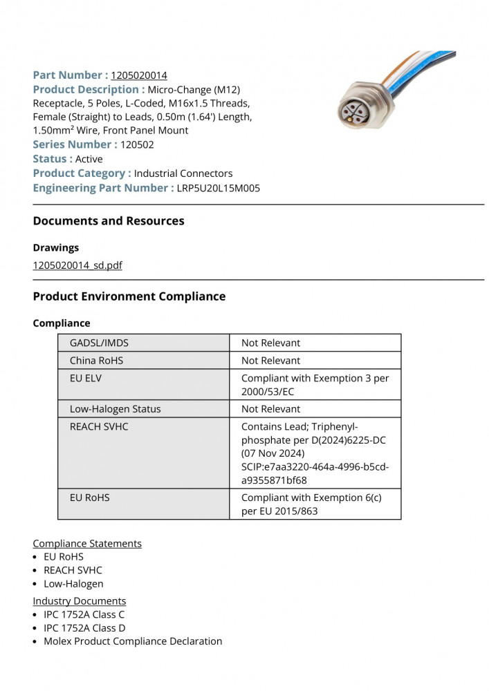MOLEX 1205020014 technical document, page 1